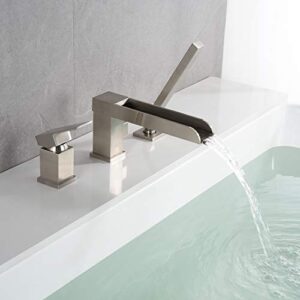 Wowkk Waterfall Roman Tub Faucets Deck Mount Brushed Nickel Bathtub Faucets Brass Tub Filler Bathroom Faucets with Hand Shower