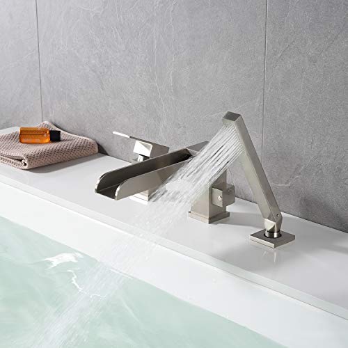 Wowkk Waterfall Roman Tub Faucets Deck Mount Brushed Nickel Bathtub Faucets Brass Tub Filler Bathroom Faucets with Hand Shower