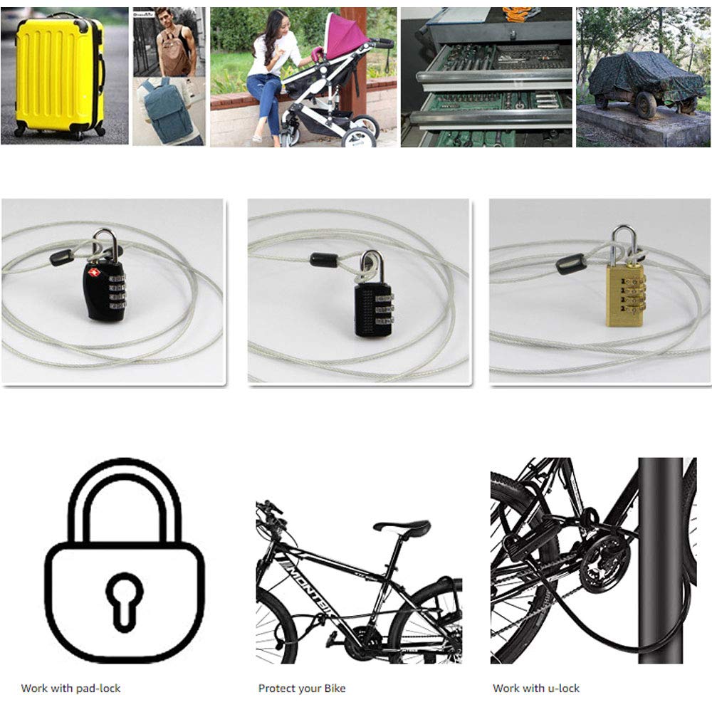 WANLIAN Safety Steel Cable, Double-Loop Braided Steel Flexible Lock Cable, toroidal Bicycle Security Cable, Vinyl-Coated Braided Steel, 200 cm Long for U-Locks, Padlocks&disc Locks, Silver