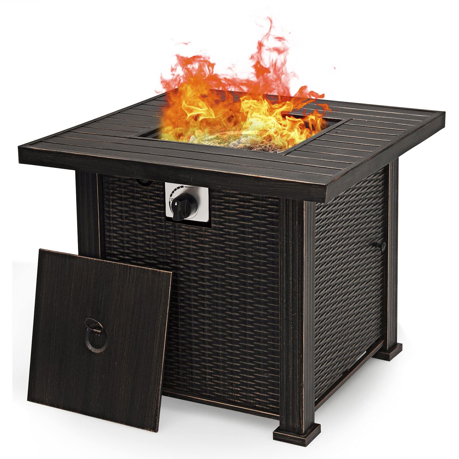 Giantex Gas Fire Pit Table, 30 Inch 50,000 BTU Auto-Ignition Propane Fire Pit Outdoor with Lid, Lava Rocks and Waterproof Cover, 2-in-1 Fire Table with CSA and ETL Certification (Brown)