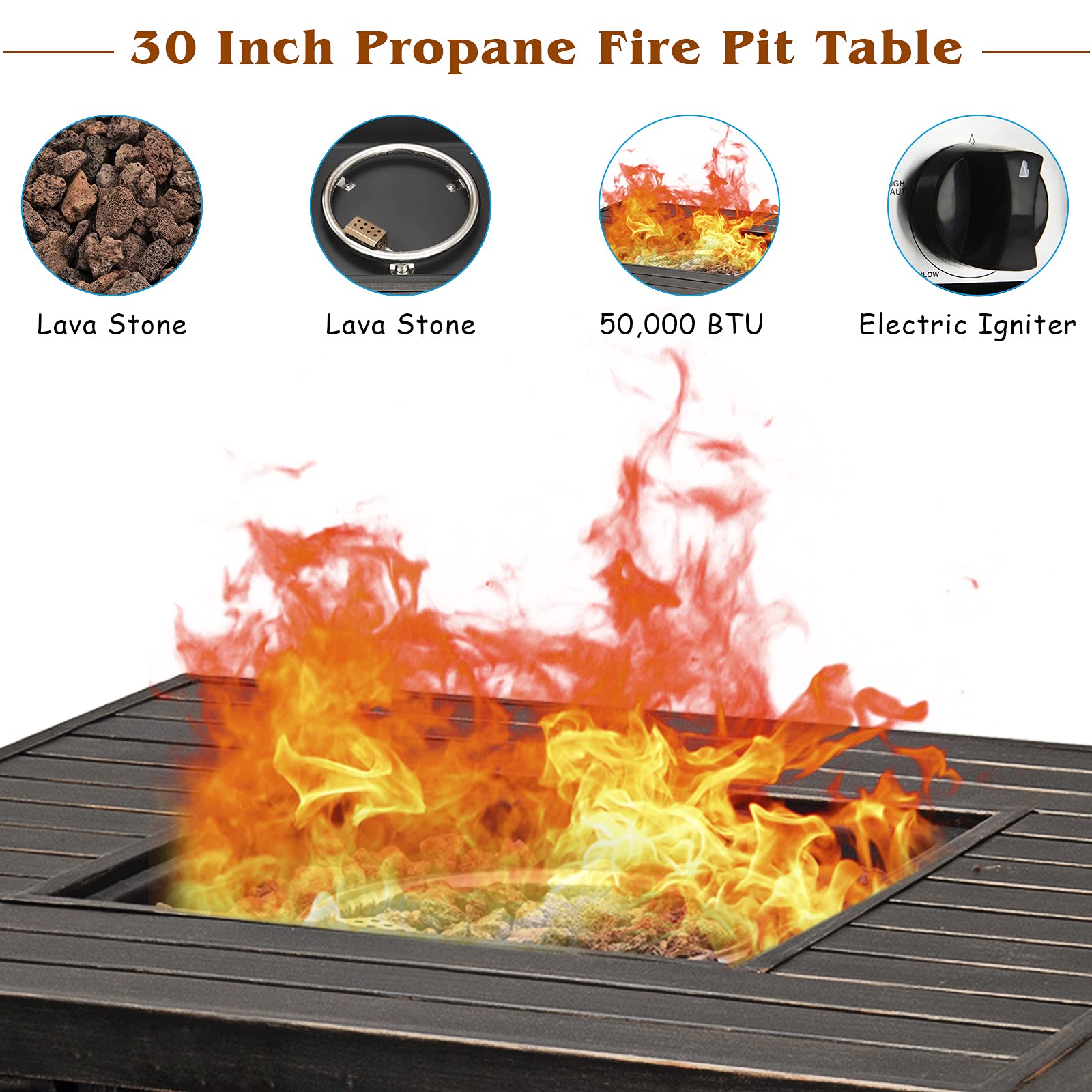 Giantex Gas Fire Pit Table, 30 Inch 50,000 BTU Auto-Ignition Propane Fire Pit Outdoor with Lid, Lava Rocks and Waterproof Cover, 2-in-1 Fire Table with CSA and ETL Certification (Brown)