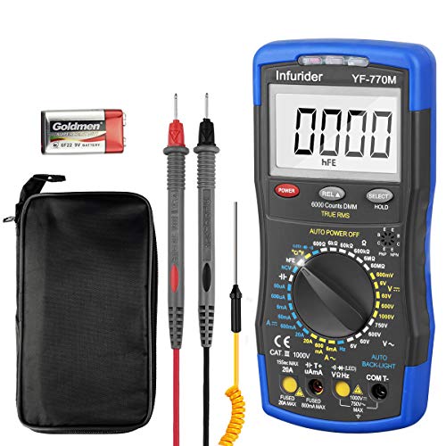 Digital Multimeter,Infurider YF-770M 6000 Counts Manual and Manual Range AC/DC Voltage Amp Ohmmeter Tester Meter with Diode Continuity,Cap,Temp and Mechanical Protection