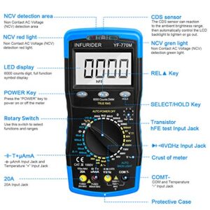 Digital Multimeter,Infurider YF-770M 6000 Counts Manual and Manual Range AC/DC Voltage Amp Ohmmeter Tester Meter with Diode Continuity,Cap,Temp and Mechanical Protection