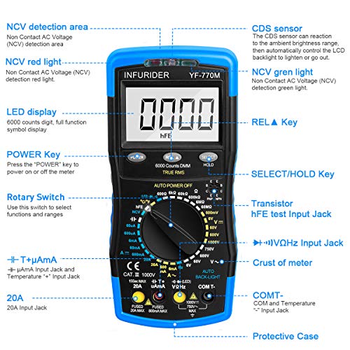 Digital Multimeter,Infurider YF-770M 6000 Counts Manual and Manual Range AC/DC Voltage Amp Ohmmeter Tester Meter with Diode Continuity,Cap,Temp and Mechanical Protection