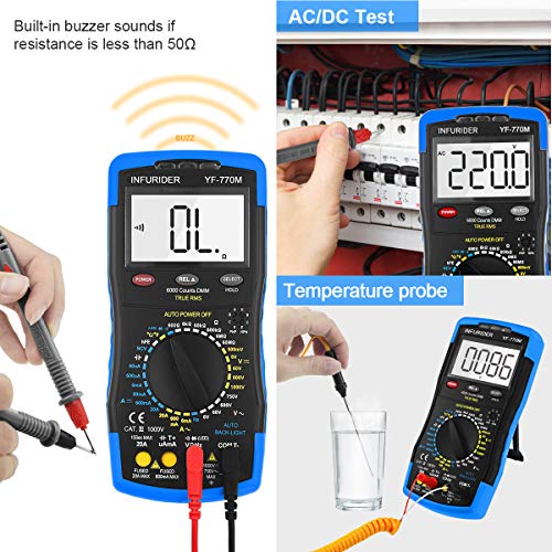 Digital Multimeter,Infurider YF-770M 6000 Counts Manual and Manual Range AC/DC Voltage Amp Ohmmeter Tester Meter with Diode Continuity,Cap,Temp and Mechanical Protection