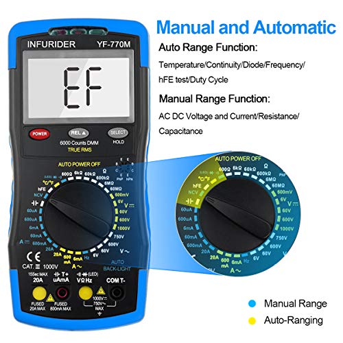 Digital Multimeter,Infurider YF-770M 6000 Counts Manual and Manual Range AC/DC Voltage Amp Ohmmeter Tester Meter with Diode Continuity,Cap,Temp and Mechanical Protection