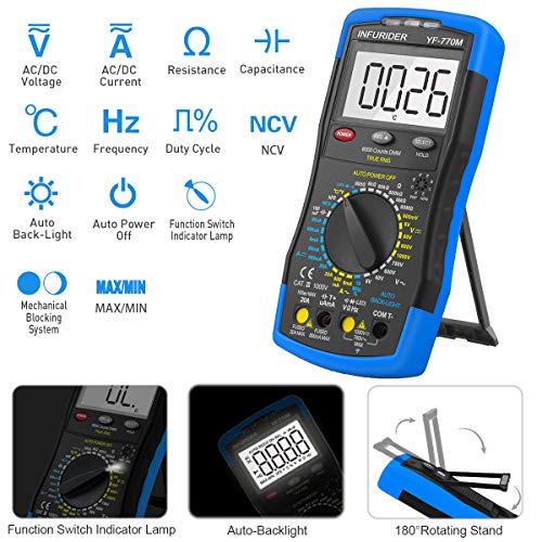 Digital Multimeter,Infurider YF-770M 6000 Counts Manual and Manual Range AC/DC Voltage Amp Ohmmeter Tester Meter with Diode Continuity,Cap,Temp and Mechanical Protection