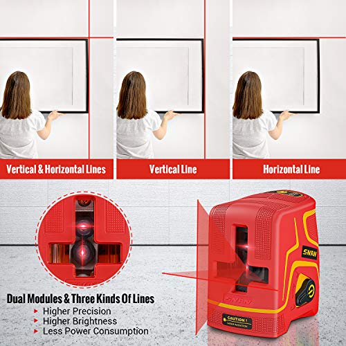 SNAN 98 Feet Laser Level Self-Leveling Horizontal and Vertical Cross-Line Laser, Three Modules with 2 Laser Heads, Pulse Mode, Magnetic Support and Carrying Pouch, 360° Rotating, IP54