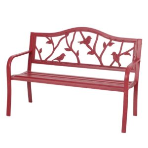 sophia & william outdoor patio metal park bench red, steel frame bench with backrest and armrests for porch, patio, garden, lawn, balcony, backyard and indoor, 50.4”wx23.5”d x35.0”h