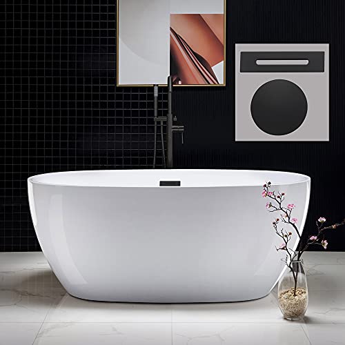 WOODBRIDGE 59"Freestanding White Acylic Soaking Bathtub with Matte Black Drain and Overflow,BTA1518 -MB-Drain &O