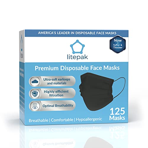 125-Pack Litepak Disposable Face Mask Premium Comfort Earloops with Dispenser Box (Black)