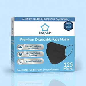 125-Pack Litepak Disposable Face Mask Premium Comfort Earloops with Dispenser Box (Black)