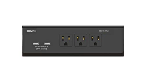 Woods 41322 DSKTOP, 3-Out USB PERM, 350J, 6' Surge Protector Strip, Black