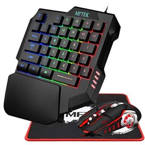 mftek one hand gaming keyboard and mouse combo, rgb rainbow backlit one-handed mechanical feeling keyboard with wrist rest support, usb wired keyboard mouse and mouse pad set for pc ps4 gamer