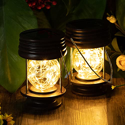 2 Pack Solar Lanterns Outdoor Waterproof Hanging Lights Decorative Solar Lantern Table Lamp Landscape Light Yard Garden Patio Warm White with Fairy LED Lights for Indoor Tabletop Desk