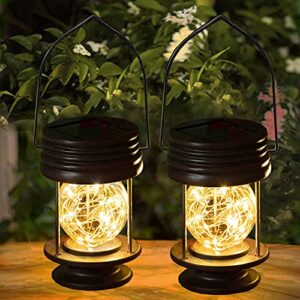 2 Pack Solar Lanterns Outdoor Waterproof Hanging Lights Decorative Solar Lantern Table Lamp Landscape Light Yard Garden Patio Warm White with Fairy LED Lights for Indoor Tabletop Desk