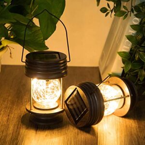 2 Pack Solar Lanterns Outdoor Waterproof Hanging Lights Decorative Solar Lantern Table Lamp Landscape Light Yard Garden Patio Warm White with Fairy LED Lights for Indoor Tabletop Desk