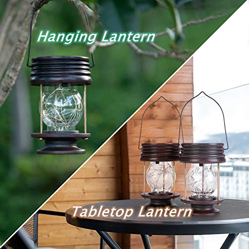 2 Pack Solar Lanterns Outdoor Waterproof Hanging Lights Decorative Solar Lantern Table Lamp Landscape Light Yard Garden Patio Warm White with Fairy LED Lights for Indoor Tabletop Desk