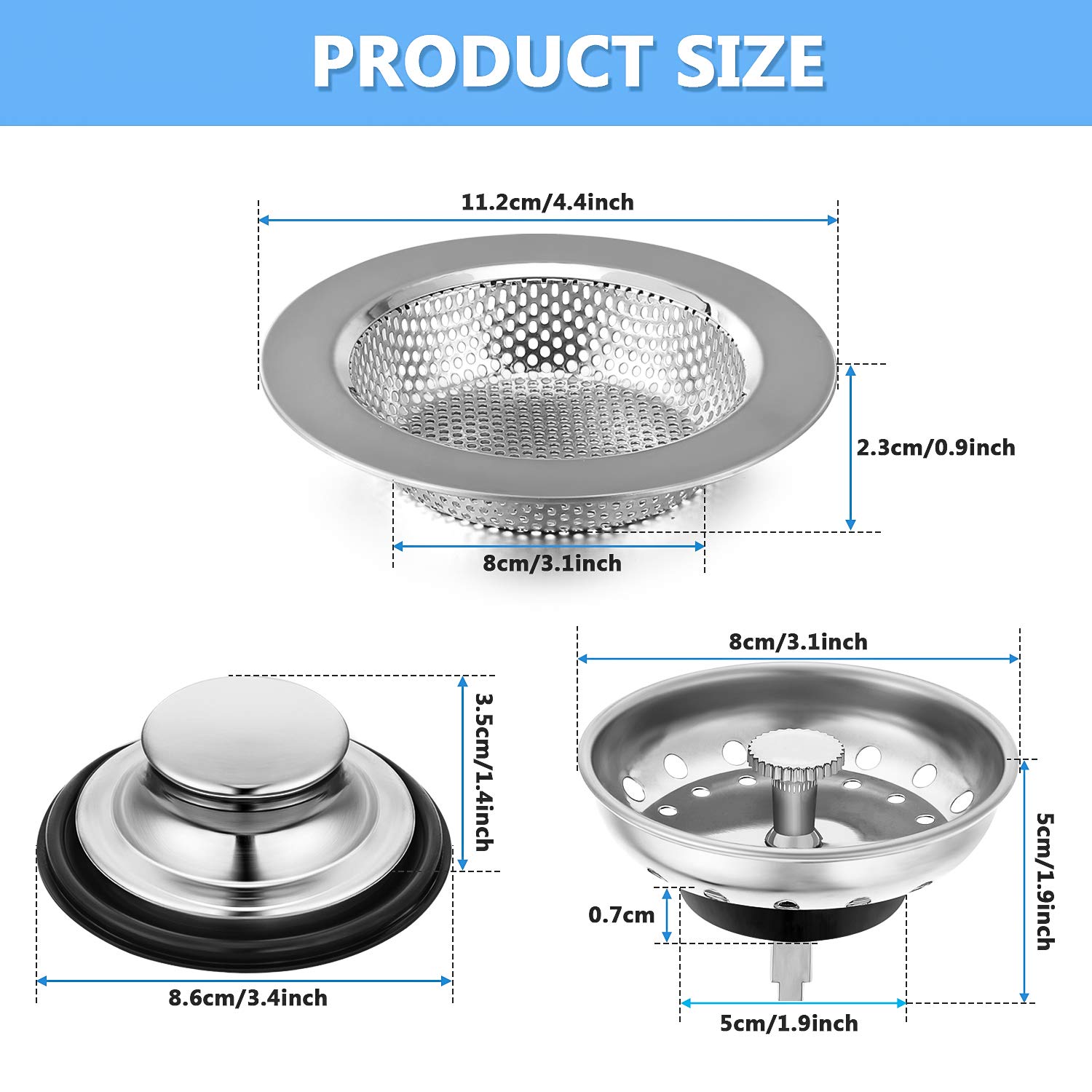 3 Pieces Kitchen Sink Stopper Strainer Garbage Disposal Plug, Stainless Steel Universal Anti-Clogging Kitchen Sink Filter Sieve Basket Strainer, Wide Rim for Kitchen Sink Drain (Silver)