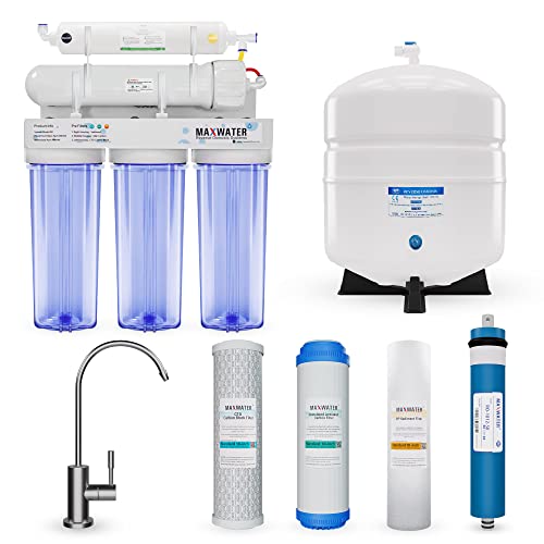 Max Water 5 Stage 50 GPD (Gallon Per Day) RO (Reverse Osmosis) Standard Water Filtration System - Under-Sink/Wall Mount (with Tank & Faucet) - Model: RO-5C5