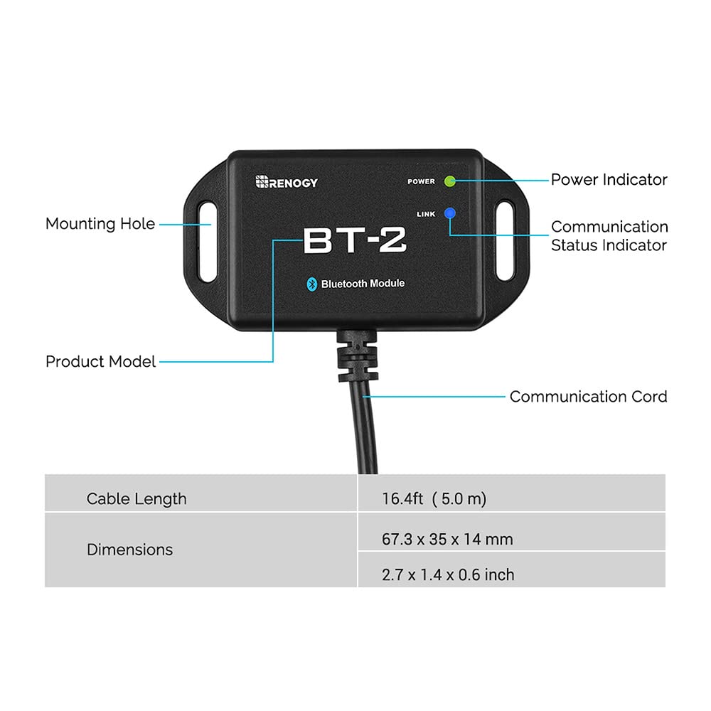 Renogy BT-2 Bluetooth Module RJ45 Communication Port Wirelessly Monitor Real-time Insight Precise Control, Compatible Solar Charge Controllers, Battery Charger, Inverter, BT-2 RS485