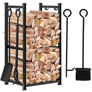 AMAGABELI GARDEN HOME Garden Home Firewood Rack Indoor with Fireplace Tools Set Log Holder Wood Rack Outdoor Log Rack Storage Tongs Poker Brush Shovel Bin Stacking Black Wrought Iron Accessories Kit