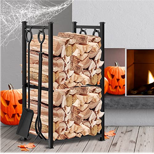 AMAGABELI GARDEN HOME Garden Home Firewood Rack Indoor with Fireplace Tools Set Log Holder Wood Rack Outdoor Log Rack Storage Tongs Poker Brush Shovel Bin Stacking Black Wrought Iron Accessories Kit