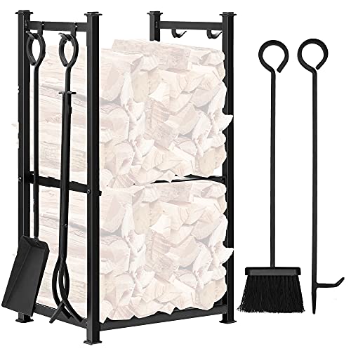 AMAGABELI GARDEN HOME Garden Home Firewood Rack Indoor with Fireplace Tools Set Log Holder Wood Rack Outdoor Log Rack Storage Tongs Poker Brush Shovel Bin Stacking Black Wrought Iron Accessories Kit