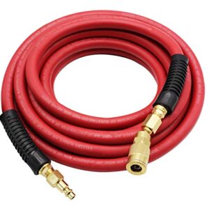 YOTOO Heavy Duty Rubber Air Hose 3/8-Inch by 25-Feet 300 PSI with 1/4" Industrial Swivel Solid Brass Quick Coupler, Plug and Bend Restrictors, Red