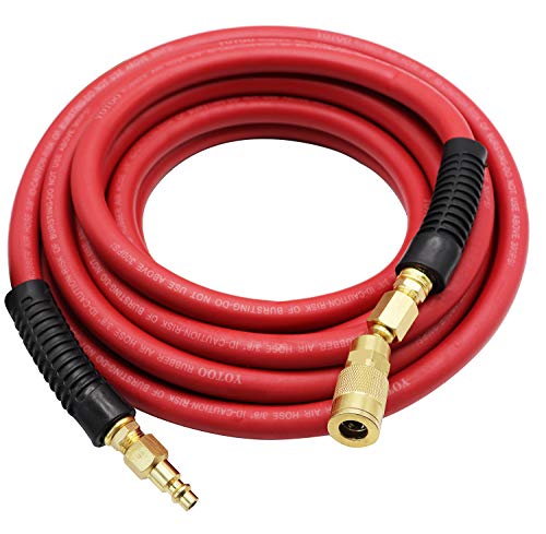 YOTOO Heavy Duty Rubber Air Hose 3/8-Inch by 25-Feet 300 PSI with 1/4" Industrial Swivel Solid Brass Quick Coupler, Plug and Bend Restrictors, Red