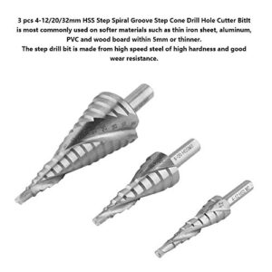 3 pcs Step Drill Bits High Speed Steel 4-12/20/32mm HSS Step Spiral Groove Step Cone Drill Hole Cutter Bit