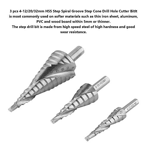 3 pcs Step Drill Bits High Speed Steel 4-12/20/32mm HSS Step Spiral Groove Step Cone Drill Hole Cutter Bit