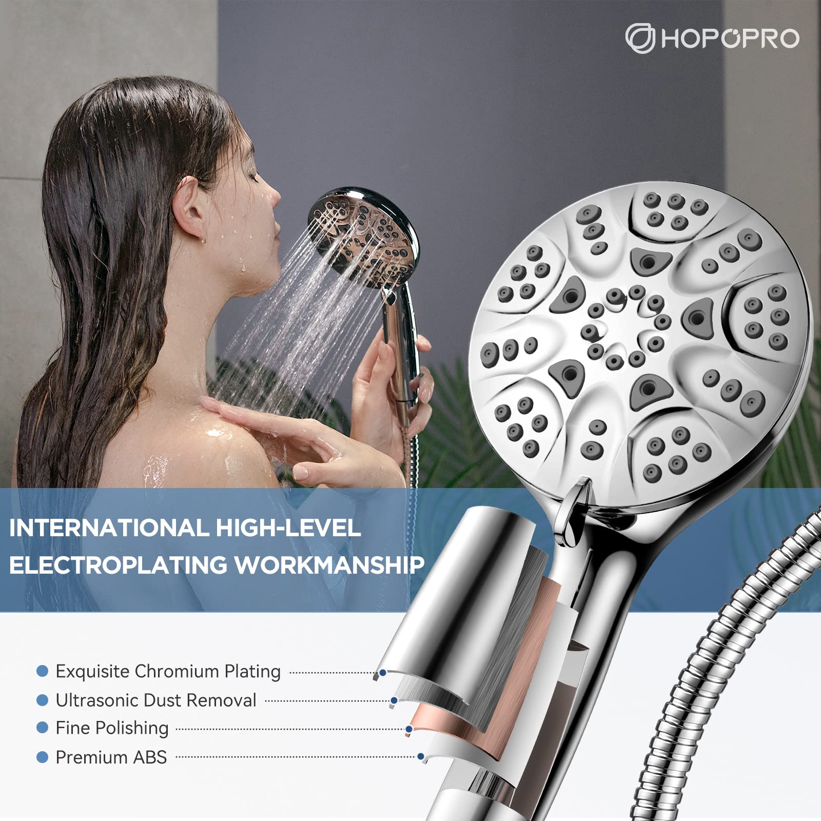 HOPOPRO 6 Functions Handheld Shower Head Set High Pressure High Flow Hand Held Showerhead with 59 Inch Hose Bracket Teflon Tape Rubber Washers