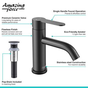 AMAZING FORCE Matte Black Bathroom Faucet Single Handle Bathroom Sink Faucet Single Hole with Pop Up Drain Assembly Matte Black Faucet for Bathroom Sink