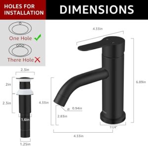 AMAZING FORCE Matte Black Bathroom Faucet Single Handle Bathroom Sink Faucet Single Hole with Pop Up Drain Assembly Matte Black Faucet for Bathroom Sink