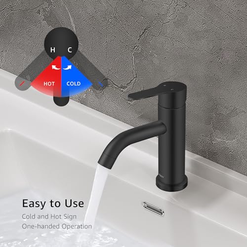 AMAZING FORCE Matte Black Bathroom Faucet Single Handle Bathroom Sink Faucet Single Hole with Pop Up Drain Assembly Matte Black Faucet for Bathroom Sink