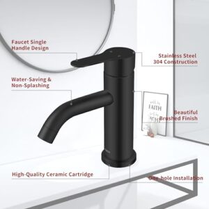 AMAZING FORCE Matte Black Bathroom Faucet Single Handle Bathroom Sink Faucet Single Hole with Pop Up Drain Assembly Matte Black Faucet for Bathroom Sink