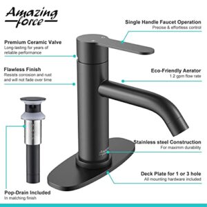 AMAZING FORCE Single Handle Bathroom Faucet Matte Black Bathroom Sink Faucet Single Hole with Pop Up Drain Assembly Black Faucet for Bathroom Sink 1.2 GPM