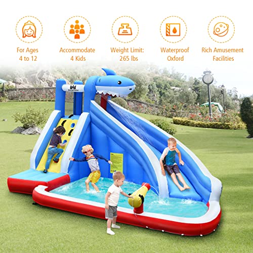 BOUNTECH Inflatable Water Slide, Shark Themed Waterslide Park for Kids Backyard Outdoor Fun w/Long Slide, Climbing, Splashing Pool, Blow up Water Slides Inflatables for Kids and Adults Party Gifts