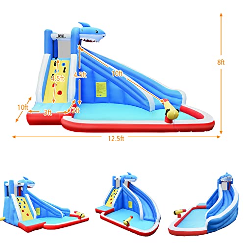 BOUNTECH Inflatable Water Slide, Shark Themed Waterslide Park for Kids Backyard Outdoor Fun w/Long Slide, Climbing, Splashing Pool, Blow up Water Slides Inflatables for Kids and Adults Party Gifts