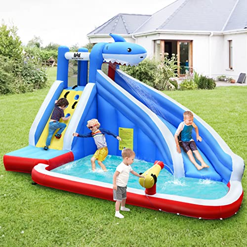 BOUNTECH Inflatable Water Slide, Shark Themed Waterslide Park for Kids Backyard Outdoor Fun w/Long Slide, Climbing, Splashing Pool, Blow up Water Slides Inflatables for Kids and Adults Party Gifts