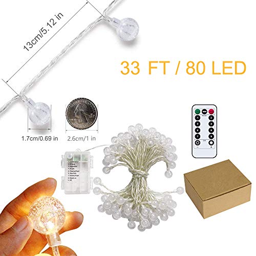 Battery Operated Globe String Lights,Water Proof 33 FT 80 LED Crystal Ball String Lights 8 Modes With Remote Control ,Indoor Outdoor LED Fairy Lights for Home, Christmas, Party Patio, Warm White