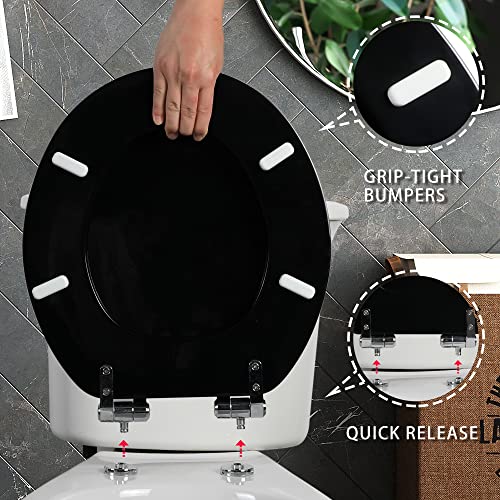 Angel Shield Toilet Seat with Zinc Alloy Hinges Quiet-Close Quick-Release Wood Molded UV Lid Easy Clean(Round,Black)