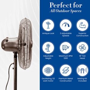 DecoBREEZE Oscillating Outdoor Fan with Misting Kit, 3-Cooling Speed Misting Fan with High RPM, Adjustable and Portable Misting Fan, Rustique, Antique Water Fan, 18 inches