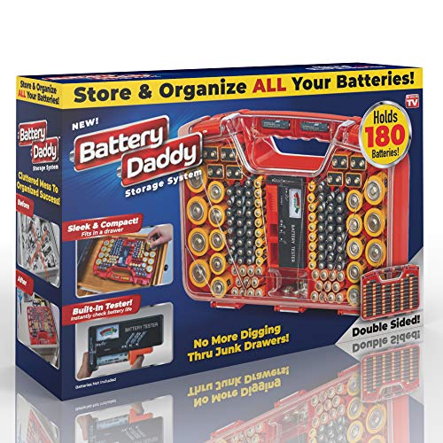 Ontel Battery Daddy - Battery Organizer Storage Case with Tester, Stores & Protects Up to 180 Batteries, Clear Locking Lid, As Seen On TV