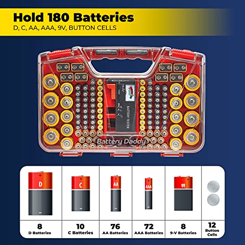 Ontel Battery Daddy - Battery Organizer Storage Case with Tester, Stores & Protects Up to 180 Batteries, Clear Locking Lid, As Seen On TV