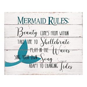 mermaid rules - inspirational beach wall art, distressed wood design ocean wall decor print, ideal wall decor for home decor, bedroom wall art, great house decor, office decor, unframed - 10x8