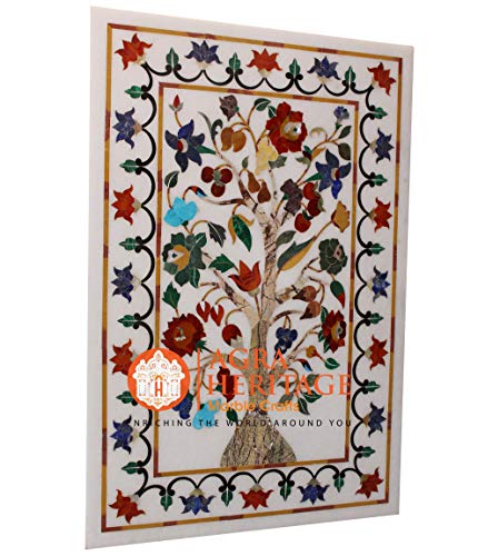 White Marble Inlay Top Dining Stone Table Top Tree Floral Inlay Arts Decorative Furniture