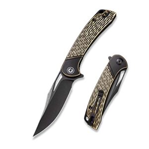 civivi dogma pocket knife, black stonewashed d2 blade, brass handle, liner lock, ball bearings pivot,flipper opening utility knife with reversible deep carry pocket clip c2005e