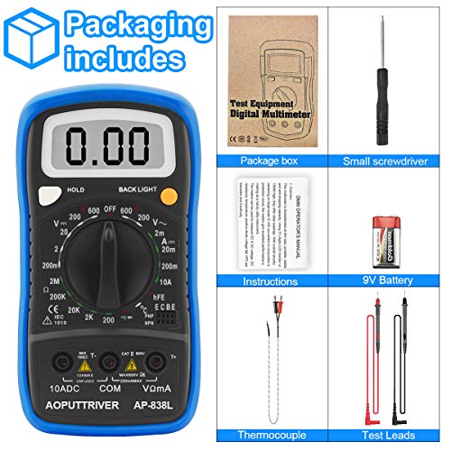 Digital Multimeter AP-838L Manual Range AC DC Amp Multimeter, Electric Tester Ohmmeter with Diode and Continuity Detector, Backlit Display and Insulated Rubber